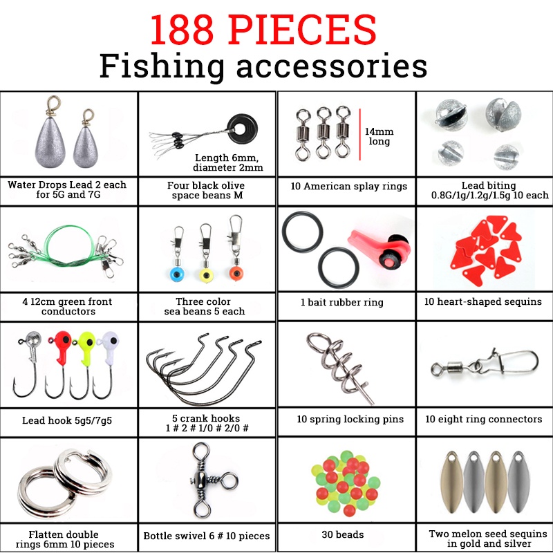 188 Pieces Fishing Accessories Set Including Swivel Crank Hook Lead ...