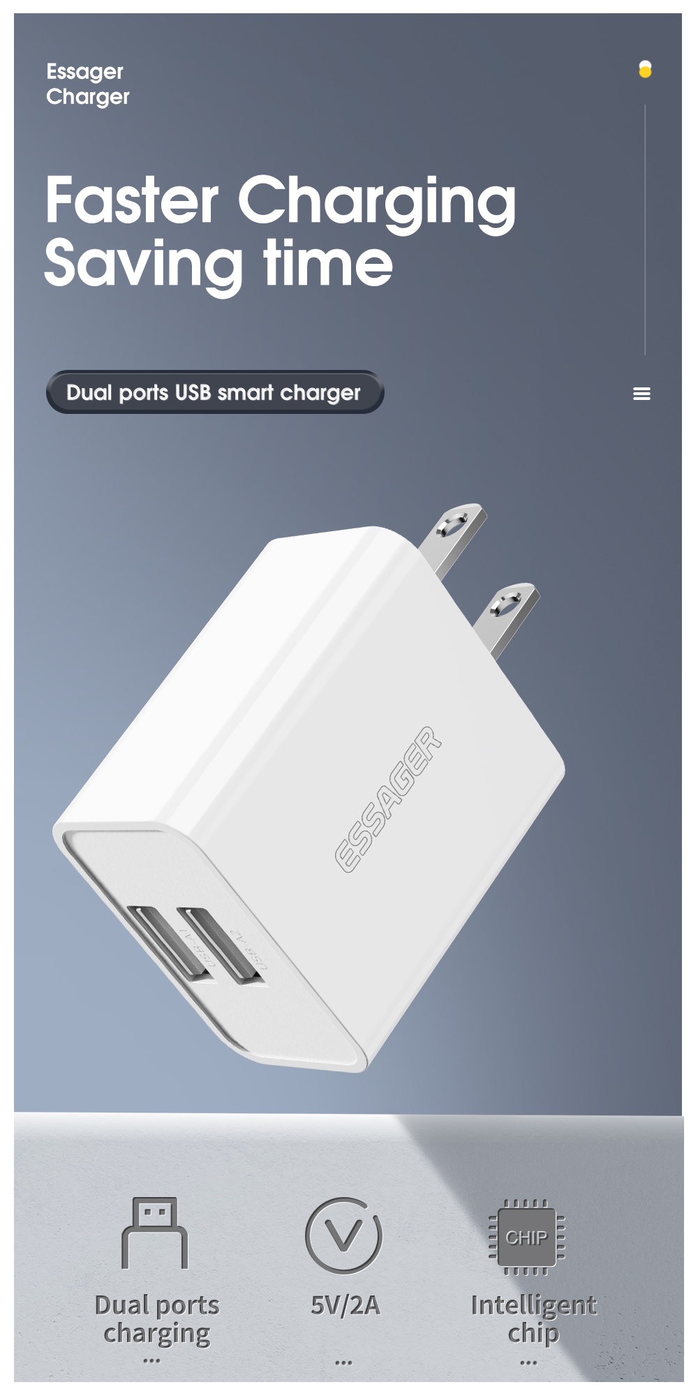 Essager travel charger 5V/2A dual port usb charger plug Android phone 10w fast charge charger ...