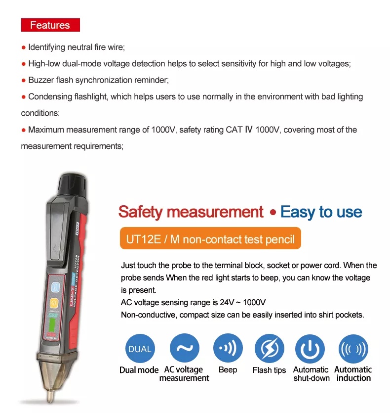 UNI-T UT12E UT12M Socket Wall AC Voltage Detector Indicator 24V-1000V ...