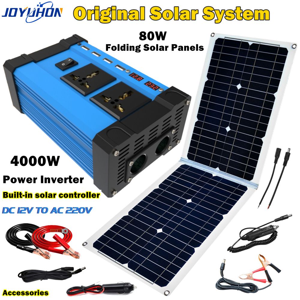 JOYUHON Solar Inverter System DC12V TO AC220V 6000W/4000W Power Inverter with 80W Solar Panel ...