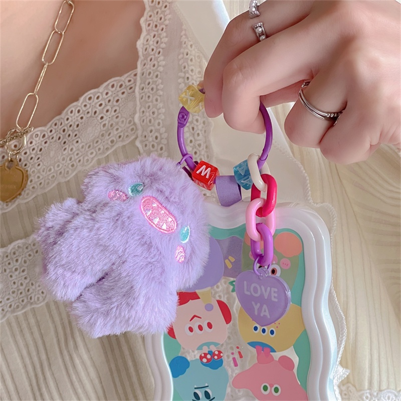 Korea Cute Cartoon Fuzzy Plush Monster Phone Key Chain Beaded Keychain ...
