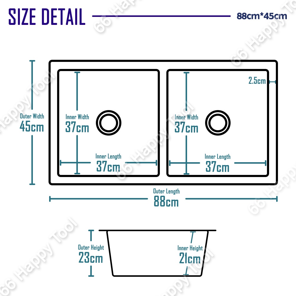 88cm x 45cm EUROUK Stainless Steel SUS304 Sink Double Bowl Kitchen ...