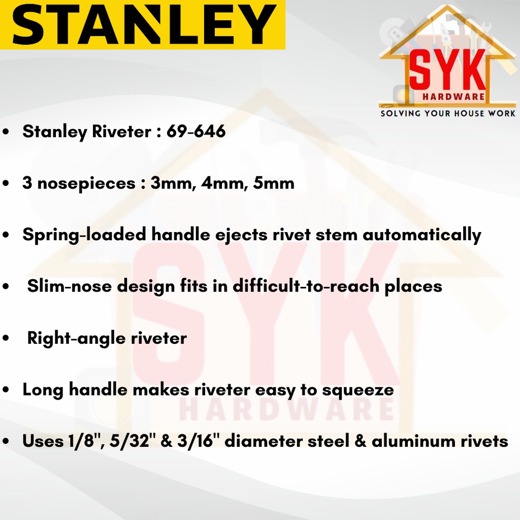 SYK Stanley STHT69646-8 Medium Duty Riveter Manual Fastener Tool Plier ...