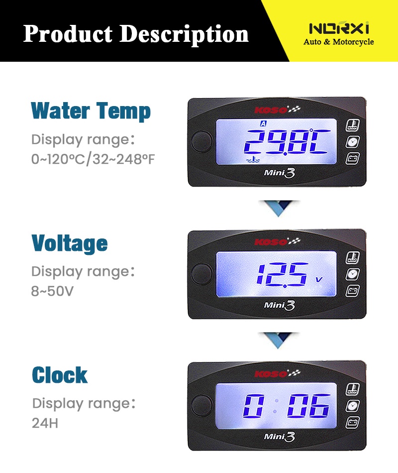 Motorcycle KOSO Mini 3 in 1 Water Temperature Meter Digital Voltmeter ...