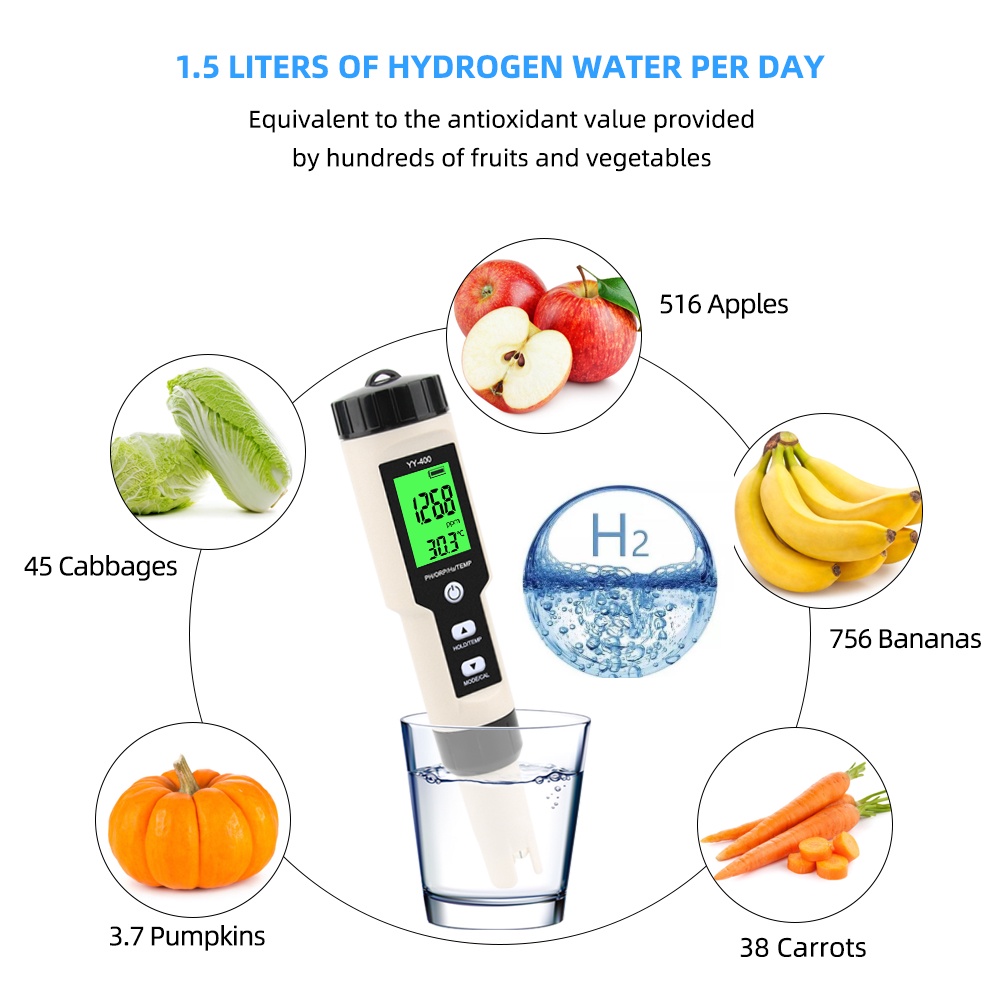 YAGO 4 In 1 Ph Meter ORP Tester Hydrogen Meter Tester H2 Water Quality ...