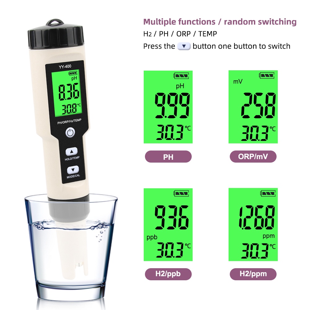 YAGO 4 In 1 Ph Meter ORP Tester Hydrogen Meter Tester H2 Water Quality ...