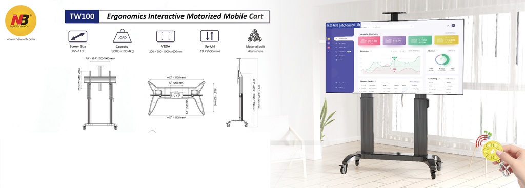 NB TW100 Aluminum Alloy Black Motorized Mobile Stand Support TV Size 75 ...