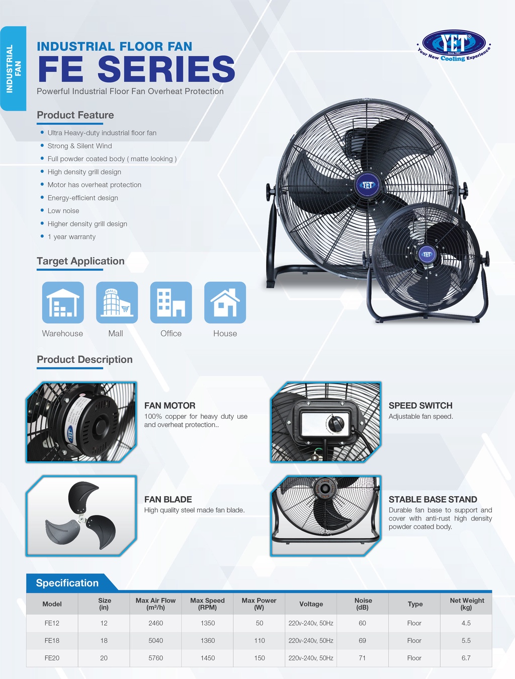 YET FE12 12 Inch Auto Swing Heavy Duty Powerful Industrial Floor Fan ...