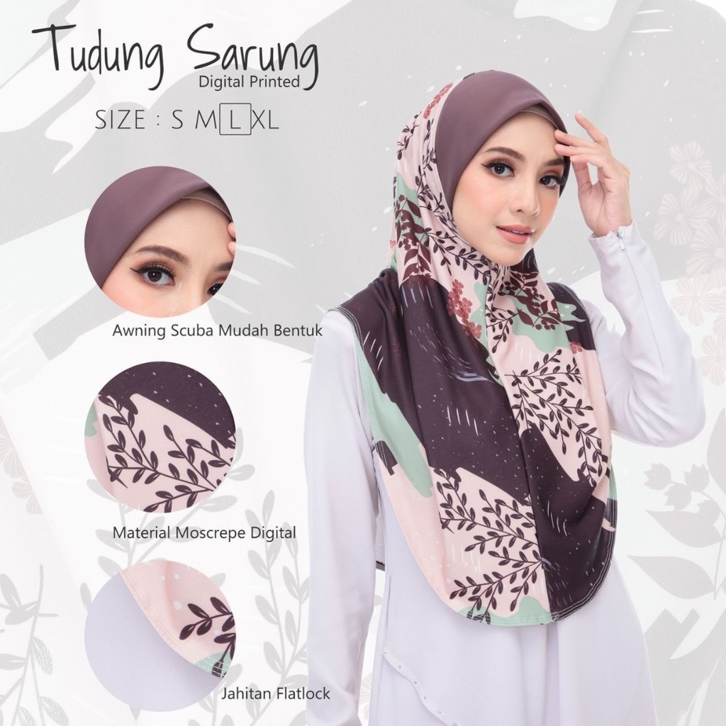 (SIZE L) Tudung Instant Sarung Mosscrepe Digital Printed Corak Awning ...