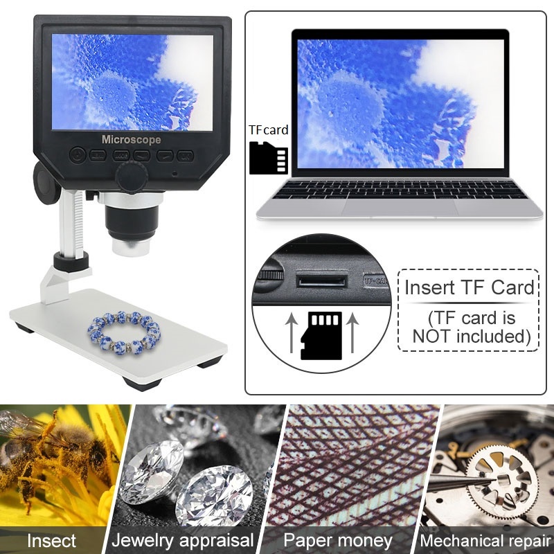 600x 3.6MP Digital Microscope Aluminum Alloy Stand 4.3 Inches HD LCD ...