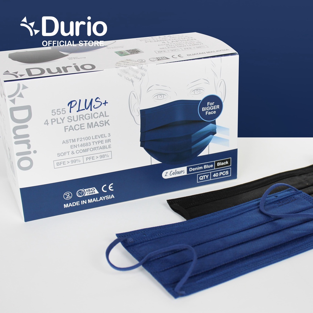 Durio 555 PLUS+ 4 Ply Surgical Face Mask - 40pcs (For Bigger Face ...