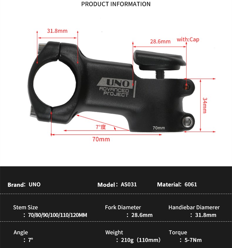 UNO Stem Matte Black Bike Handlebar Stem Fit For 31.8mm Handlebar ...