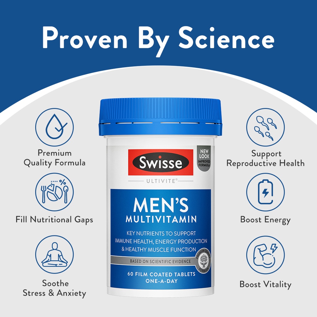 Swisse Ultivite Men's Multivitamin 120 Tablets Minerals Energy Production Support Immune Health ...