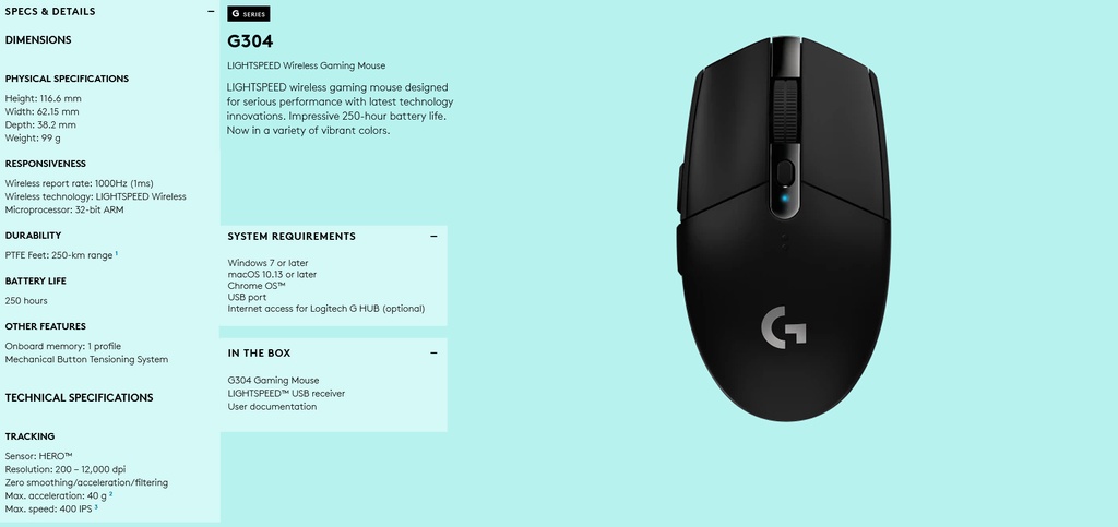 Logitech Wireless Gaming Mouse G304 with Lightspeed Wireless, 12k Hero ...