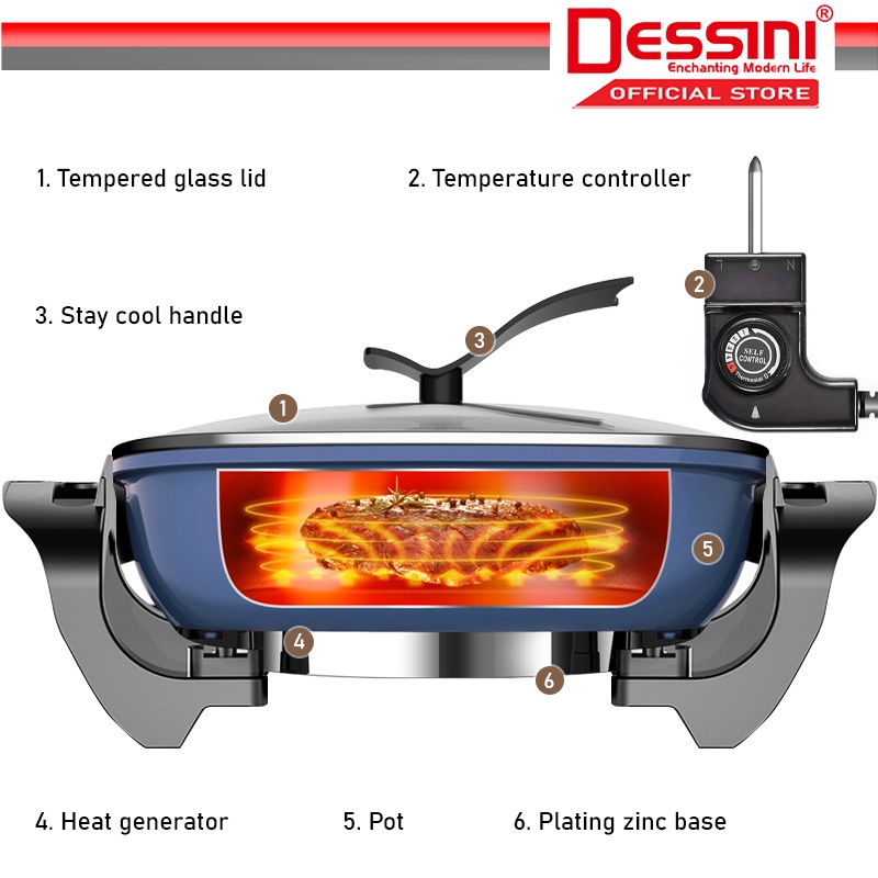 DESSINI ITALY Electric Cooker Steamboat Hot Pot Casserole Non Stick ...