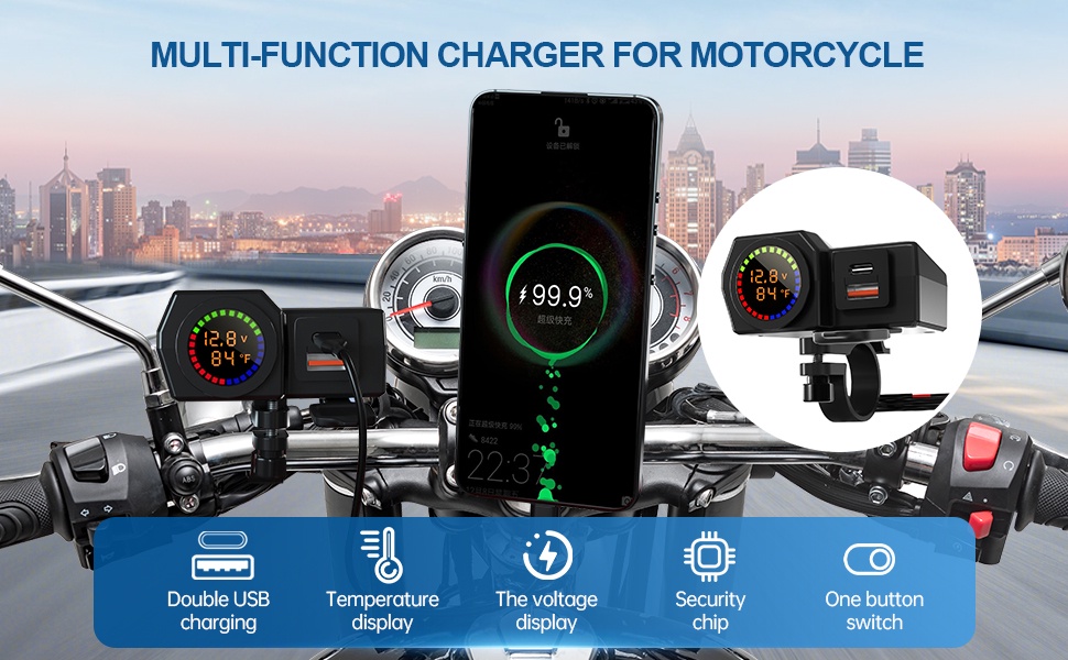Motorcycle USB Charger with Voltmeter & Temperature & ON/Off Switch ...