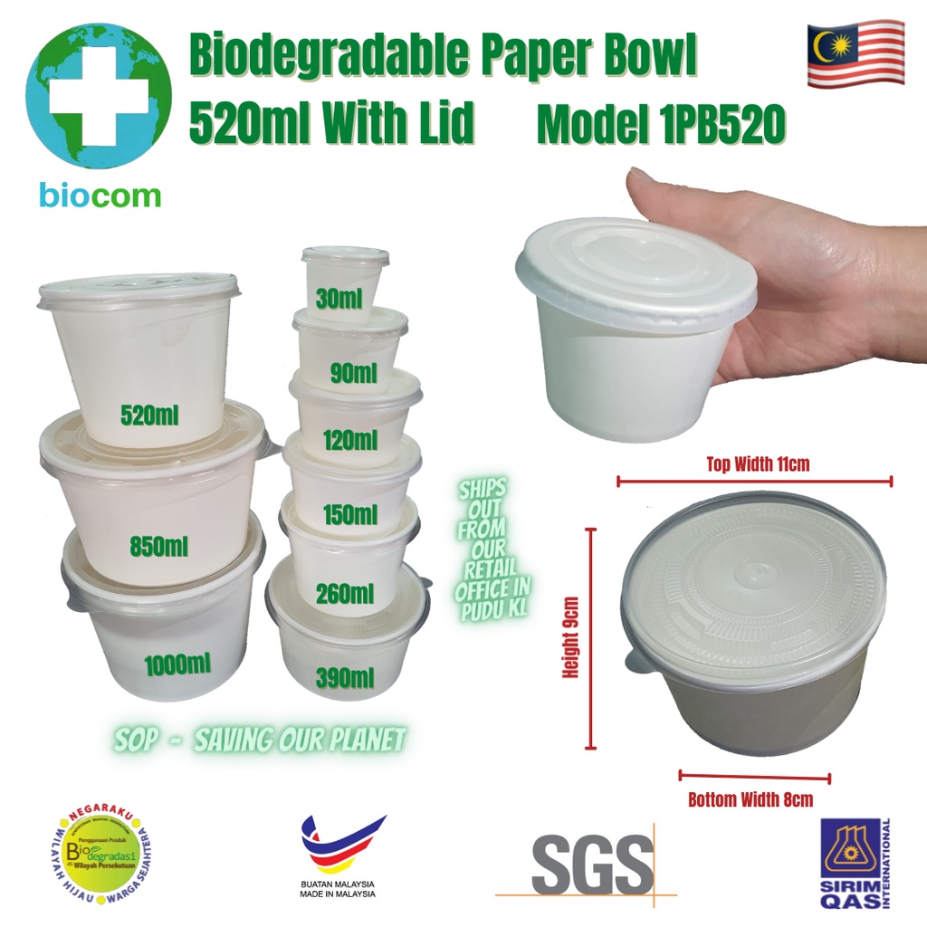 50pcs 9PB520 Bio Kraft Brown White Paper Bowl 520ml Disposable (Lid ...