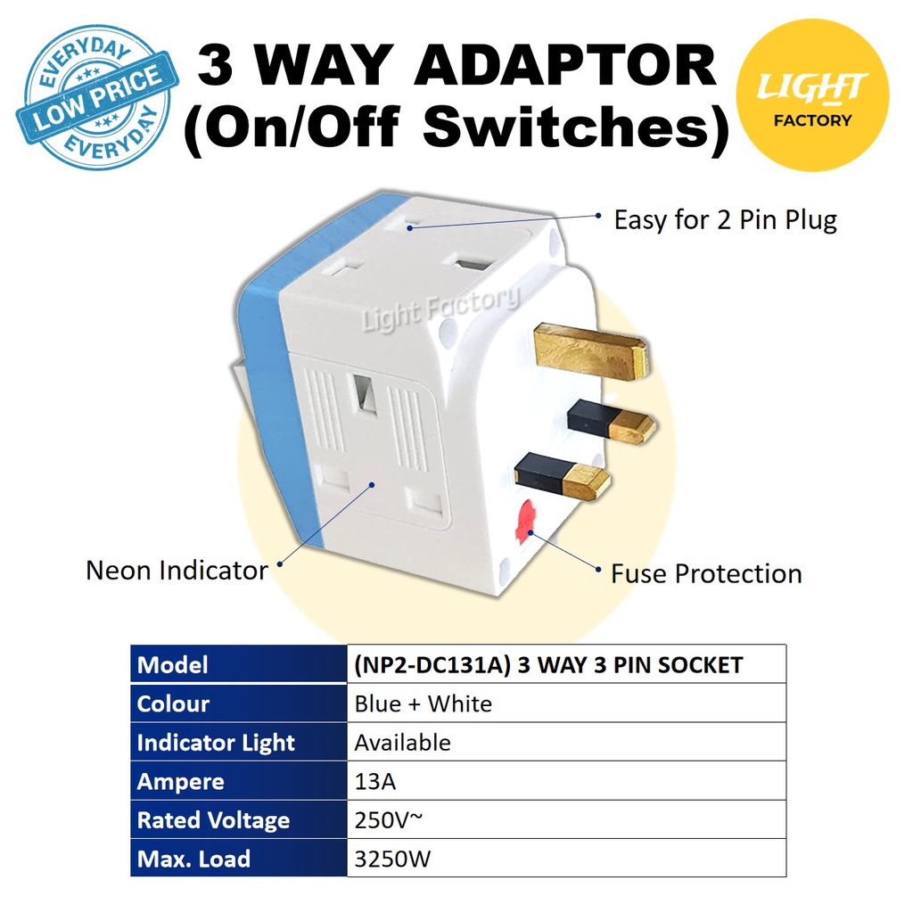 [SIRIM APPROVED] 3 Way Adapter with switch 3 Pin Conversion Plug ...