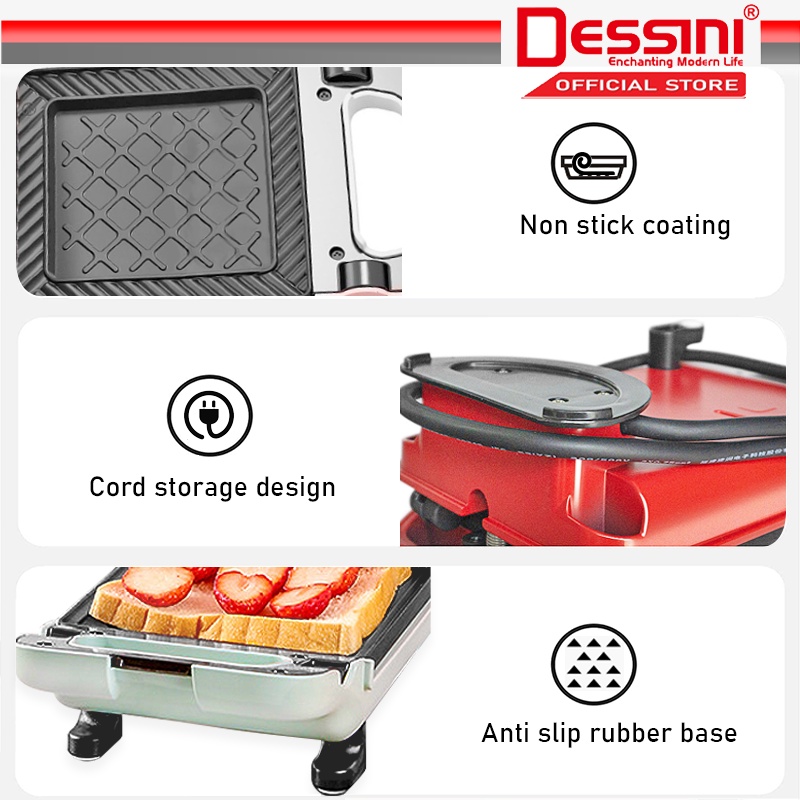 DESSINI ITALY Double Sided Electric Sandwich Panini Waffle Pizza Maker ...