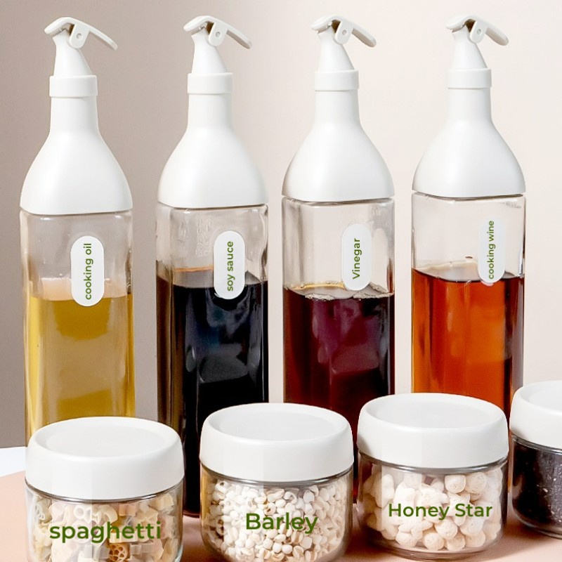 【Woody】 Glass oil bottle dispenser set with plastic stand for kitchen ...