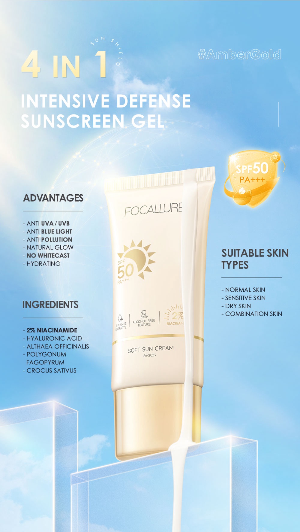 FOCALLURE #AmberGold 4-in-1 Intensive Defense Sunscreen Gel Sample ...