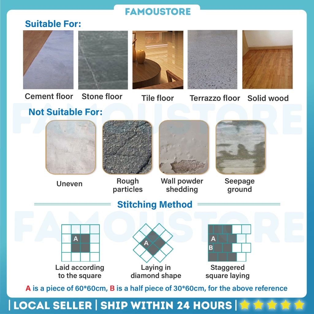 60X60CM Marble Tiles Self Adhesive PVC Floor Sticker Lantai Vinyl ...