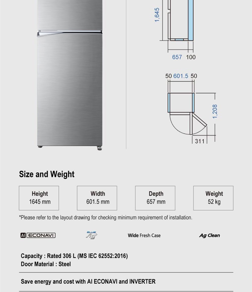 PANASONIC NR-TV341 325L INVERTER ENERGY SAVING 2-DOOR TOP FREEZER ...