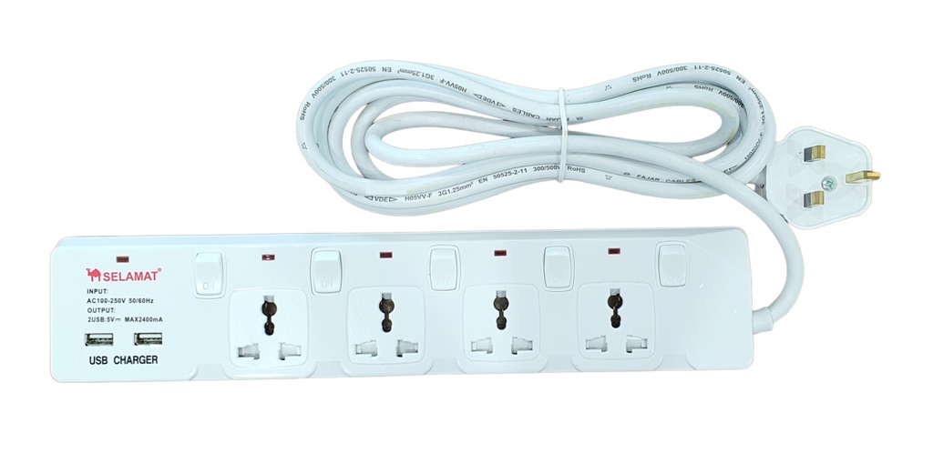 Selamat 4 Gang Multi Universal USB Extension Socket with 2 USB Port (2M ...