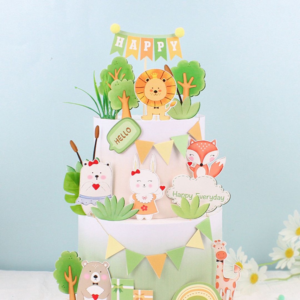 Animal Safari Cake Topper Leaf Tree Cartoon Happy Birthday Cake ...