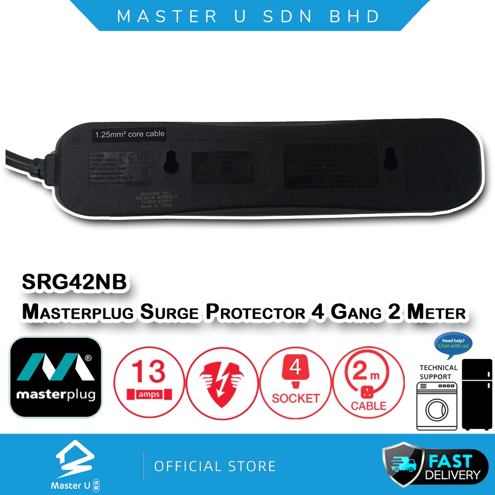MASTERPLUG SURGE PROTECTOR 4 GANG EXTENSION LEADS -BLACK 2M (SRG42NB ...