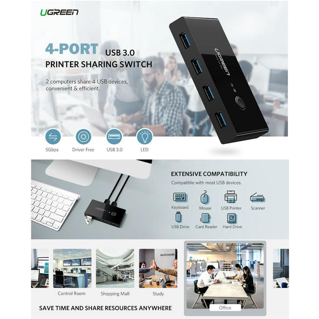 UGREEN USB 3.0 Switch Selector 4 Port 2 Computers Peripheral Adapter ...
