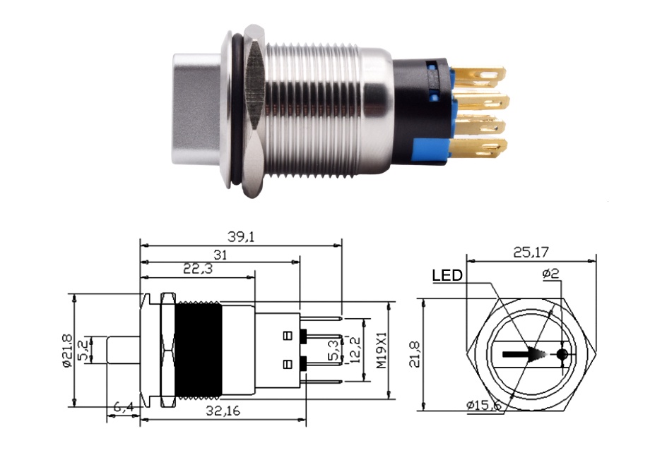 19mm 2 3 position Metal Selector Rotary Switch Latching Push Button ...