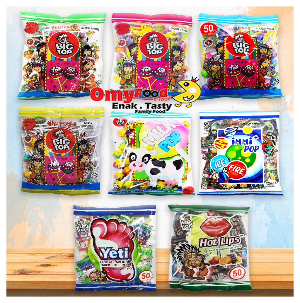 50pcs Big Top Lollipop [Mixed Fruit/Sour Pop/Colour Pop/ABC/Milk/Immi+ Ice & Fire Pop/Yeti/Hot ...