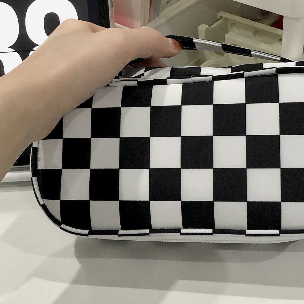1Pc black and white chessboard checked pencil case, small and fresh ...