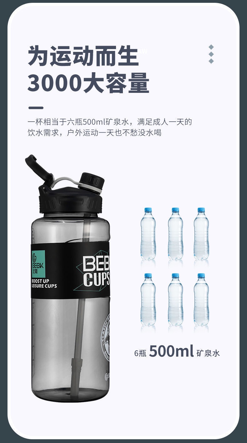 3L Large Water Bottle with Straw BPA Free, 3000ML Big Botol Air ...