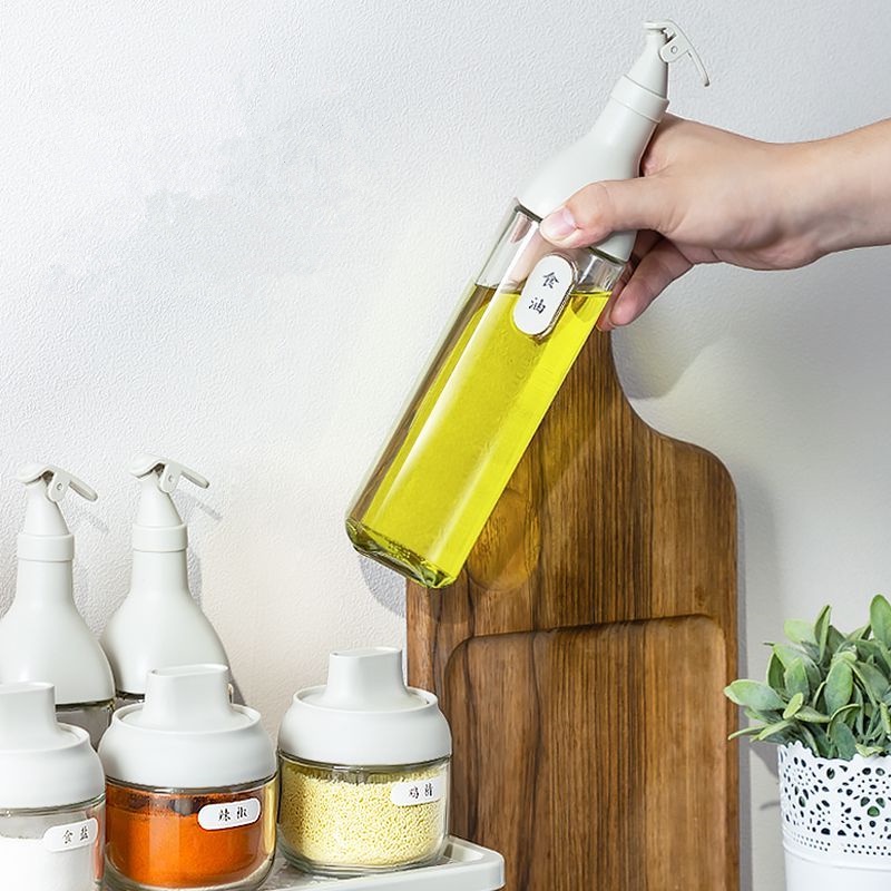 【Woody】 Glass oil bottle dispenser set with plastic stand for kitchen ...