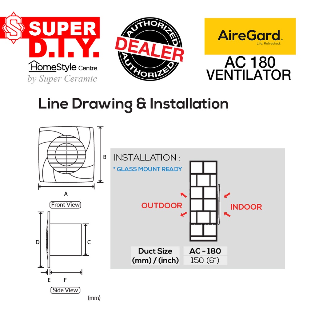 AIREGARD AC180 Exhaust Fan Ventilator Compact Series - Wall / Glass ...