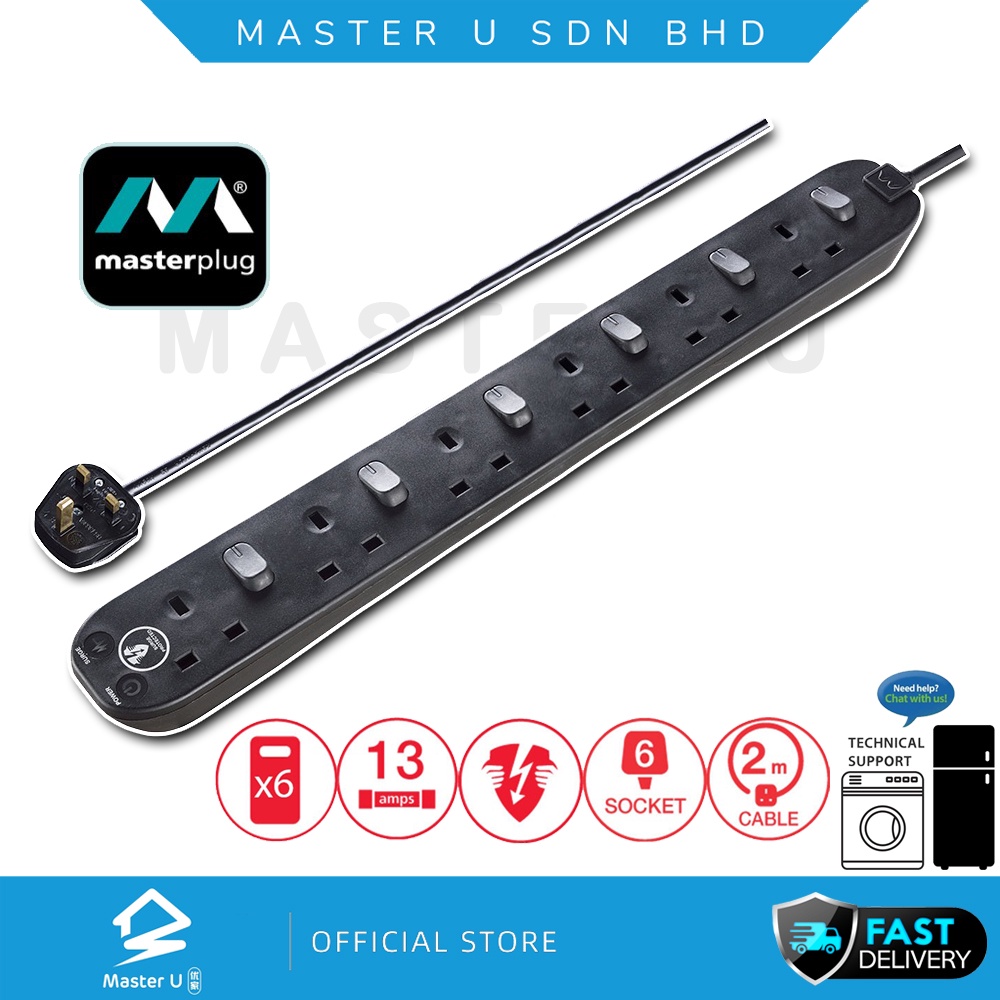 MASTERPLUG SURGE PROTECTOR 6 GANG SWITCHED EXTENSION LEADS - Black 2M ...