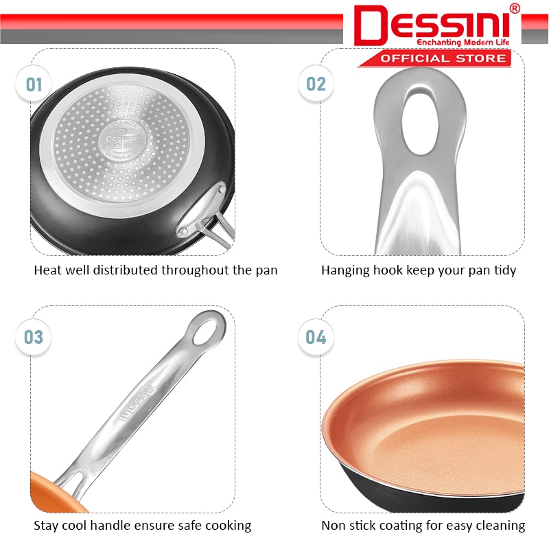 DESSINI Zero Fat Frying Pan Die Cast Aluminium Induction Non-Stick Copper Pot Bowl Pan Cookware ...