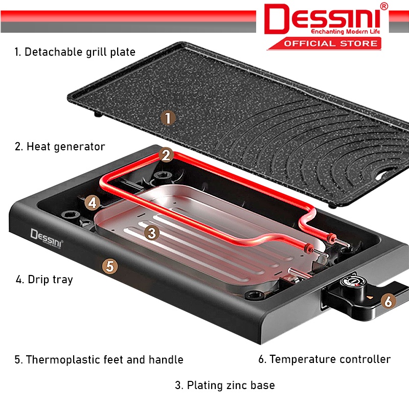DESSINI ITALY Electric BBQ Grill Steak Frying Pan Teppanyaki Barbecue ...