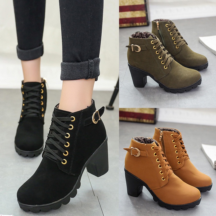 Fashion Lace Up Side Zipper Girl Women High Heel Winter Pumps Buckle ...