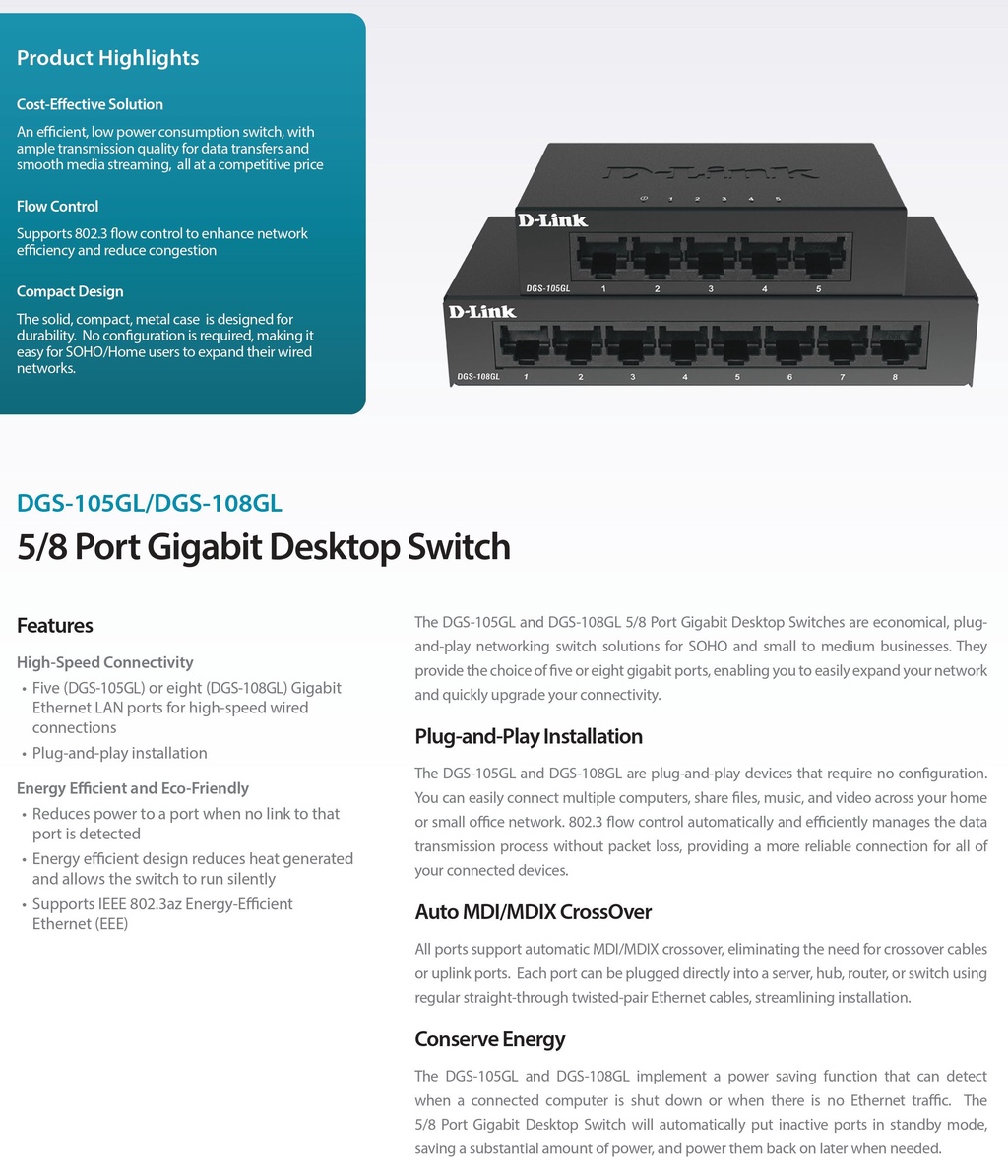 D-Link DGS-108GL / DGS-105GLHigh performance Gigabit Desktop Network ...