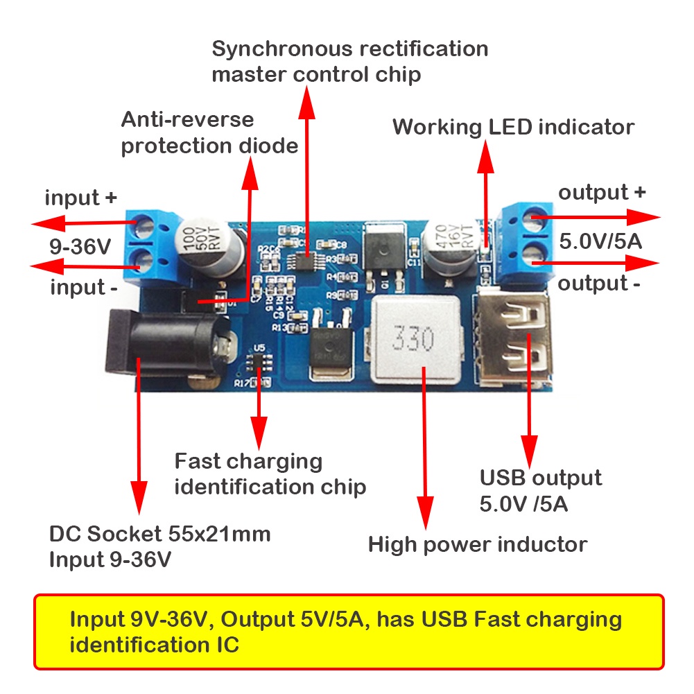 DC Step Down (Fixed 5V) XH-M249 / XY-3606 5A.max Buck Converter 5V 9V ...