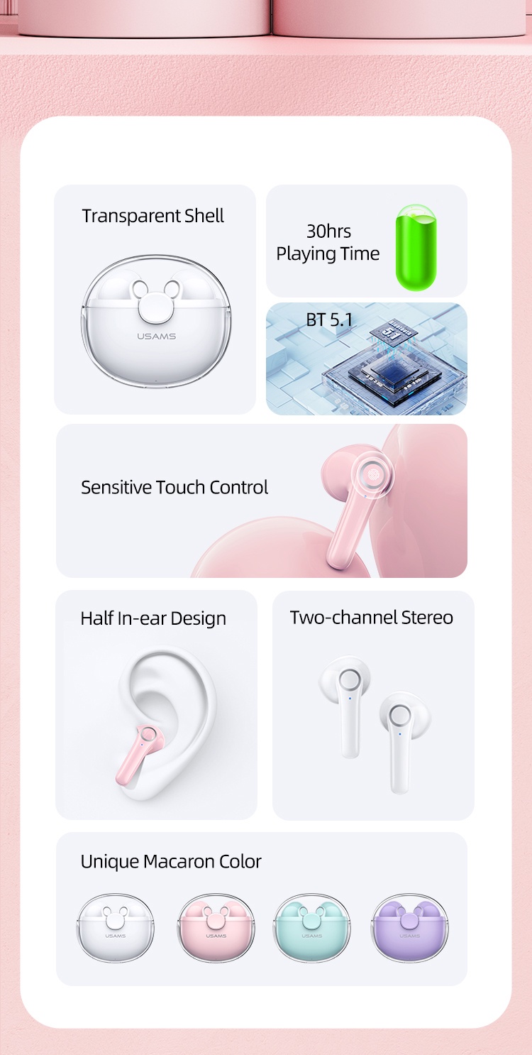 USAMS TWS Transparent Bluetooth Headset Wireless 5.1 Stereo Binaural ...