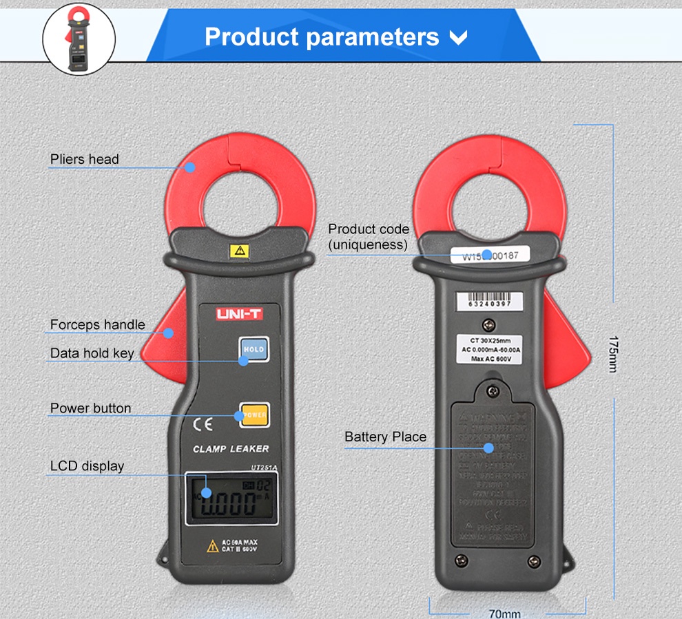 Leakage Current Clamp Meter UNI-T UT251A UT251C Auto Range High Sensitivity Leakage current ...