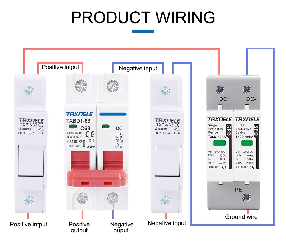 TAXNELE DC SPD Surge Protector 600V 1000V 2P 20KA 40KA Solar PV Lightning Arrester Voltage ...