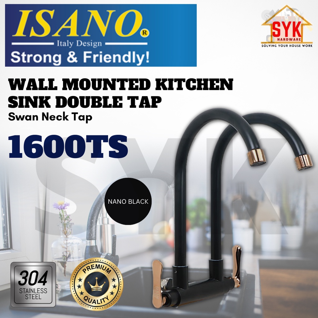 SYK ISANO 1600TS Swan Neck Tap Wall Mounted Nano Black Kitchen Sink ...