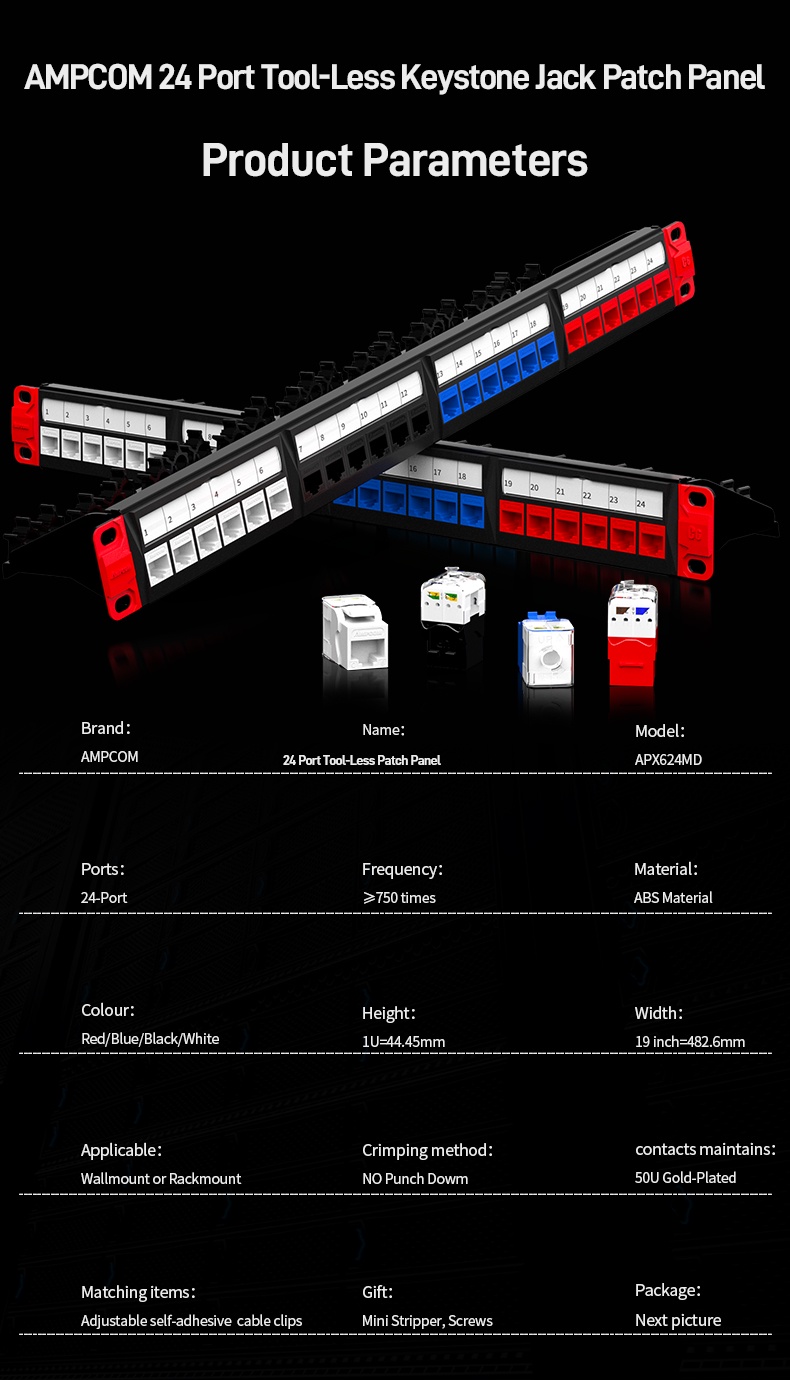 AMPCOM 24 Port Tool-Less RJ45 Keystone Jack Patch Panel with Back Bar ...
