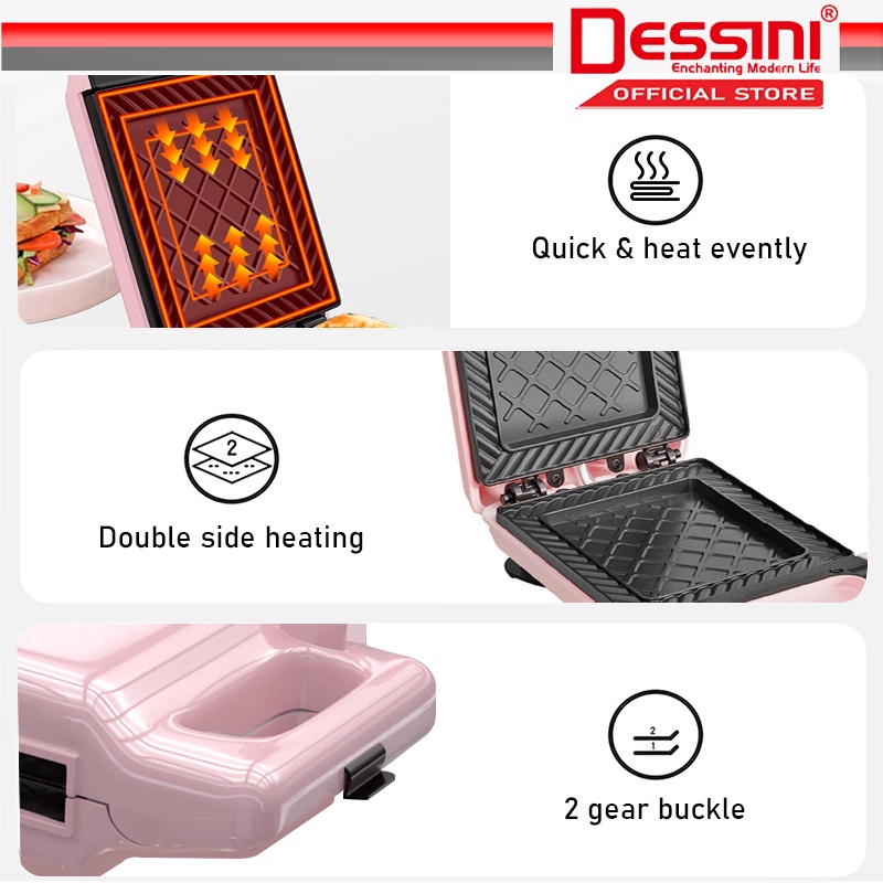 DESSINI ITALY Double Sided Electric Sandwich Panini Waffle Pizza Maker ...