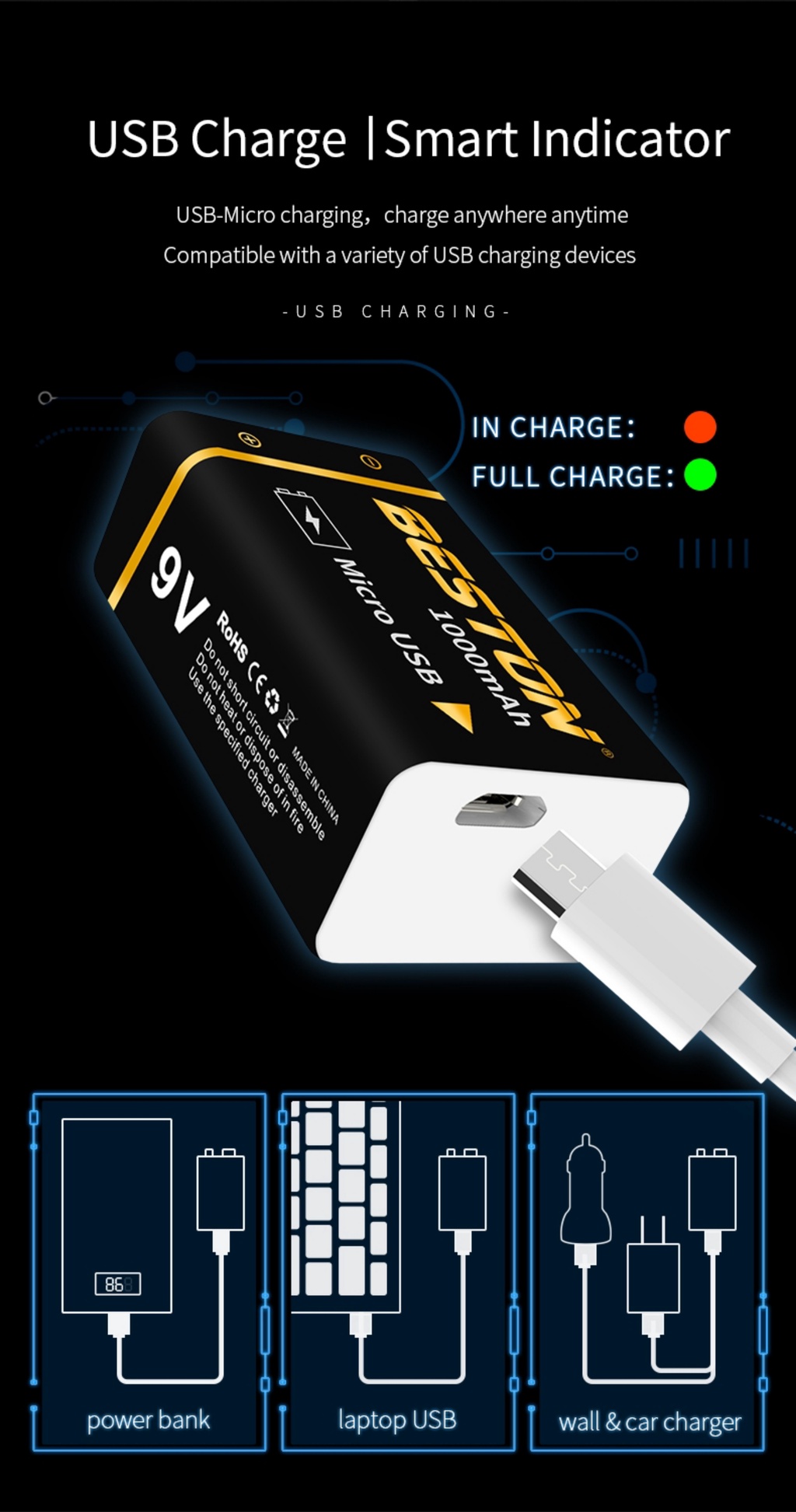 Genuine BESTON 9V Li-ion RECHARGEABLE BATTERY Type C Micro USB 1000mAh ...